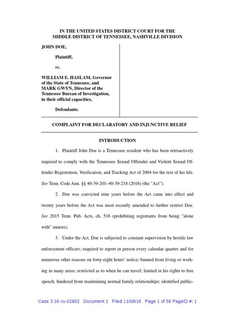 Tennessee Lawsuit Challenges Sex Offender Registry Laws Pdf Probation Sex Offender