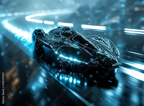 Aerial Drone Following Futuristic 3d Concept Car Autonomous Self Driving Van Moving Through