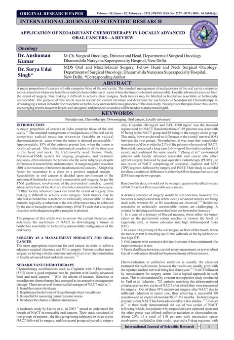 Pdf Original Research Paper Application Of Neoadjuvant Chemotherapy In Locally Advanced Oral