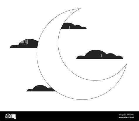 Crescent Moon Between Black Clouds Flat Line Black White Vector Object Stock Vector Image And Art