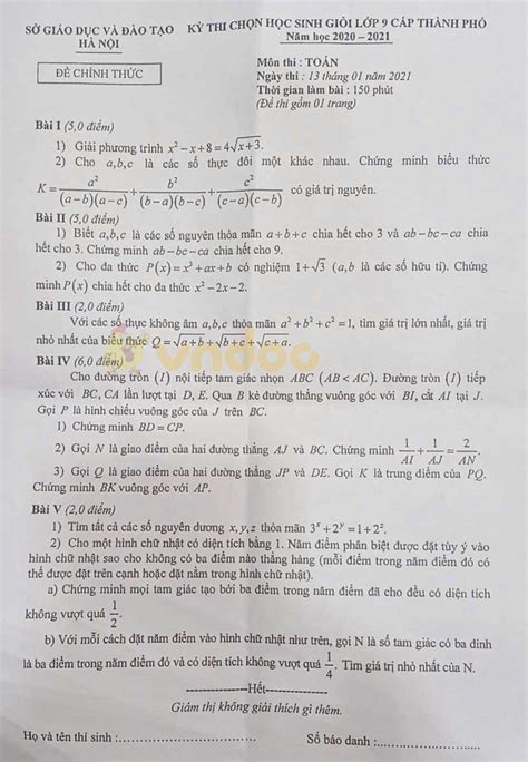 Đề thi chọn học sinh giỏi lớp 9 môn Toán cấp TP Sở GD ĐT Hà Nội năm
