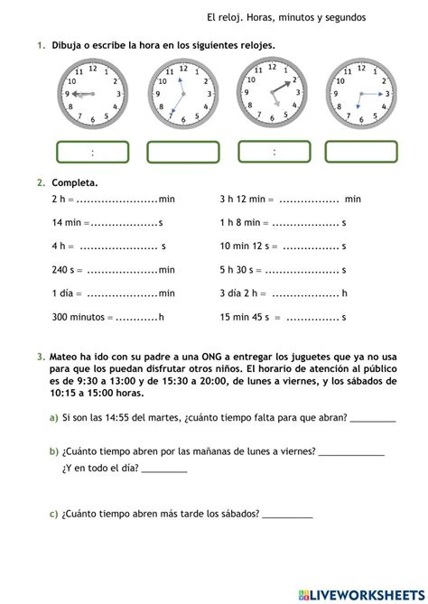 Worksheet El Reloj Horas Minutos Y Segundos