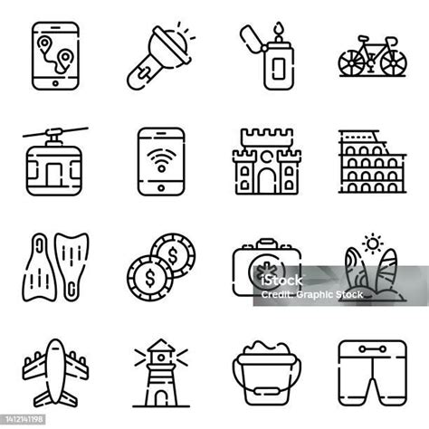 여행 및 투어 라인 아이콘 세트 웹 및 모바일용 라이트 버전입니다 모래성 구조물에 대한 스톡 벡터 아트 및 기타 이미지 모래성 구조물 아이콘 0명 Istock