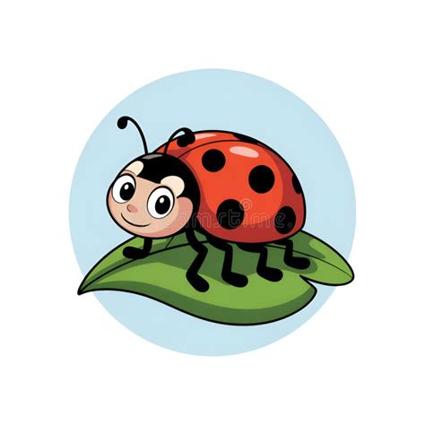 Cartoon Ladybug Resting On A Green Leaf With A Light Blue Circle Behind
