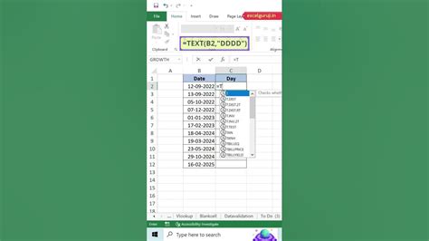 how to get day name from date in excel shorts youtube