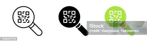돋보기 세트 아이콘이 있는 Qr 코드 스티커 제품 라벨링 암호화 된 정보 스캐너 스캔 바코드 구매 구매 쇼핑 선에 있는 벡터