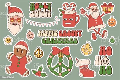 복고풍 만화 캐릭터와 요소의 큰 스티커 팩 메리 크리스마스와 새해 복 많이 받으세요 트렌디 한 그루비 히피 스타일 가공의 인물에 대한 스톡 벡터 아트 및 기타 이미지