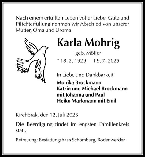 Traueranzeigen Von Karla Mohrig Trauer Anzeigende