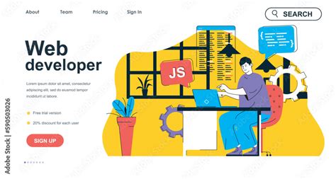 Web Developer Concept For Landing Page Template Designer Develops Site Layout And Writes Code