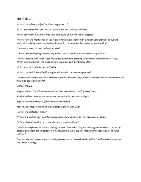 EBP Quiz Quiz Study Guide EBP Quiz What Is The Primary Objective Of Nursing Research