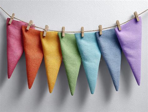 Colorful Striped Triangular Flags Uniformly Spaced Along A String Against A Plain Wall Pastel