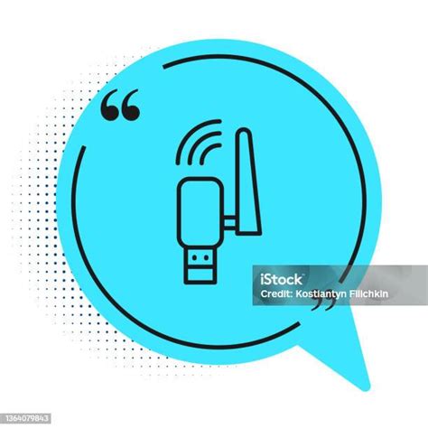 흰색 배경에 격리 된 검은 줄 Usb 무선 어댑터 아이콘 파란색 음성 버블 기호입니다 벡터 Usb 케이블에 대한 스톡 벡터 아트