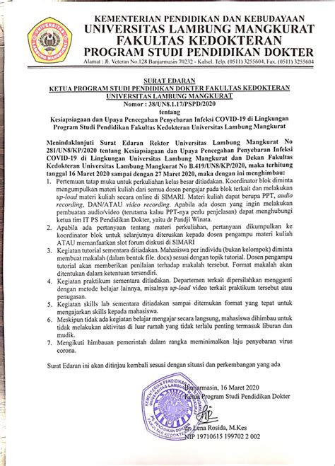 Surat Edaran Kaprodi Pspd Kedokteran Program Sarjana Fkik Ulm