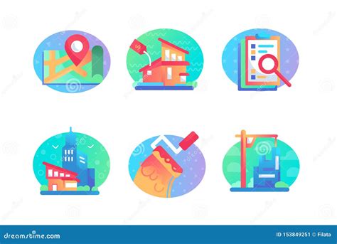 Fije Los Iconos Con La Venta Bulding Casa Mapa Contrato Stock de ilustración Ilustración
