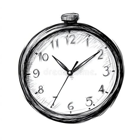 Hand Drawn Black And White Analog Clock With Numbers And Hands Stock