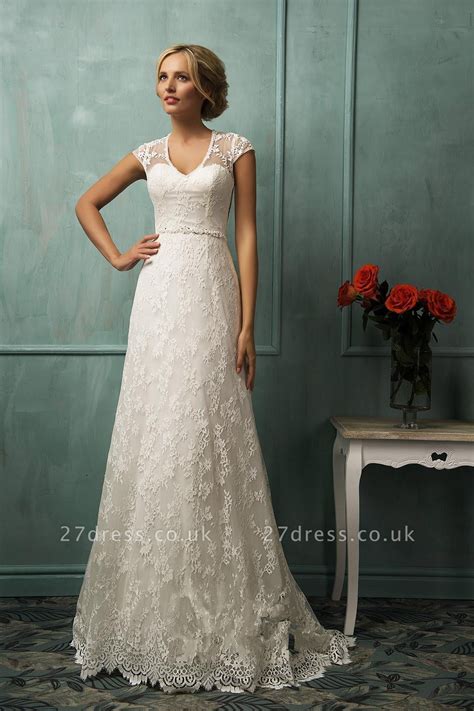 Elegant Cap Sleeve Lace Wedding Dress With Zipper Button Bridal Gowns