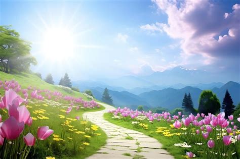 Premium Ai Image Photo Of Tulip Field With A Country Path