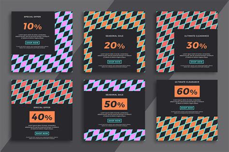 소셜 미디어 모바일 응용 프로그램에 대한 현대 판매 및 할인 프로모션 배경 기하학적 패턴의 어두운 사각형 광고 웹 배너 세트 간단한 벡터 편집 가능한 배경 Eps 10