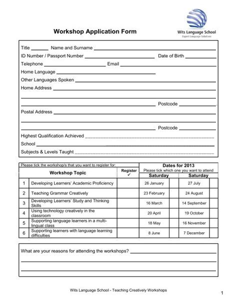 Workshop Application Form Wits Language School