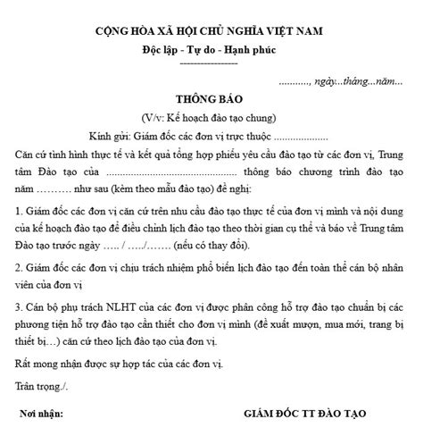 Mẫu Thông Báo Kế Hoạch đào Tạo