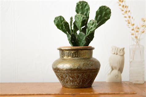 Egyptian Brass Planter Vintage Pot With Pyramids Sphinx Round