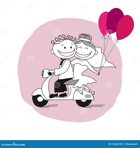 Just Married Couple On A Scooter Leaving For Honeymoon Stock Vector