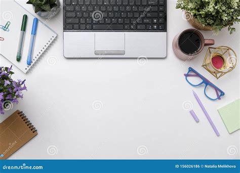 Flat Lay Modern Workspace Desk With Laptop Glasses Smartphone Coffee