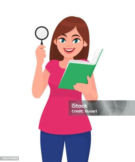 年輕女子展示放大鏡女孩拿著或讀一本書 報告 檔在手女性角色設計插圖現代生活方式 教育理念在向量卡通風格向量圖形及更多人圖片 Istock