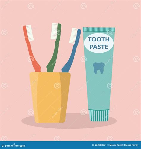 Toothbrush In A Glass With Toothpaste On Pink Background Flat Illustration Stock Vector