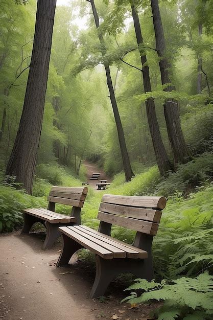 Premium Photo Rustic Park Benches On A Secluded Trail