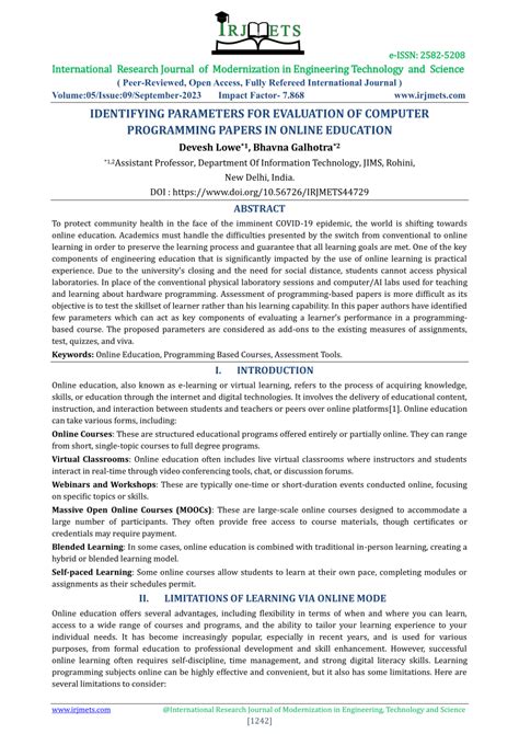 Pdf Identifying Parameters For Evaluation Of Computer Programming Papers In Online Education