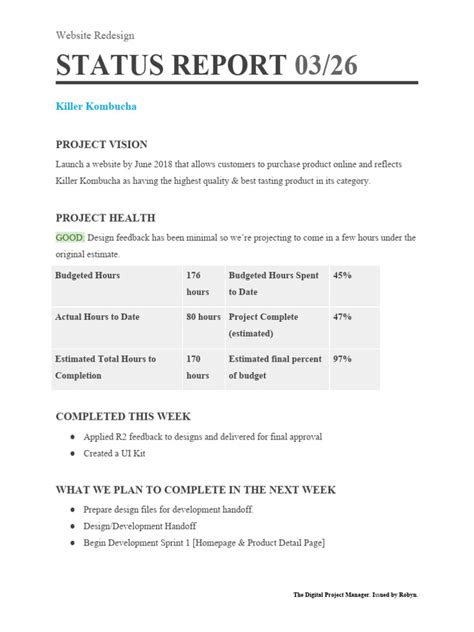 Weekly Project Status Report Example Killer Kombucha Pdf