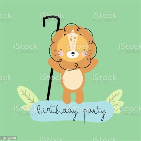 생일 파티 인사말 카드 파티 초대장 귀여운 사자와 비문 일곱 아이 그림 만화 스타일의 벡터 일러스트레이션 귀여운에 대한 스톡