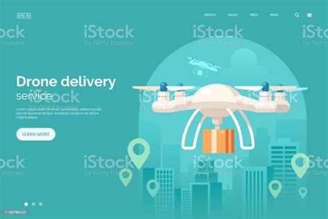 도시 벡터 일러스트 레이 션에 비행 소포 상자와 배달 드 론 쿼드 콥 터 배달 서비스 방문 페이지 개념입니다 대형 현대 흰색 화물 무인 항공기 플랫 스타일입니다 Eps 10