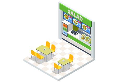 아이소메트릭 패스트푸드 코트 샐러드 바 패스트푸드 샐러드 바 레스토랑 인테리어 푸드 코트 카페테리아 마켓플레이스 몰 푸드 스톨