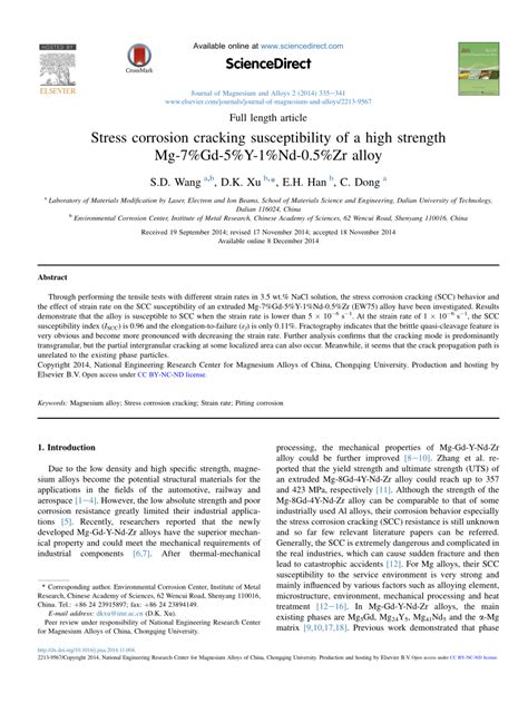Pdf Stress Corrosion Cracking Susceptibility Of A High Strength Mg 7 Gd 5 Y 1 Nd 0 5 Zr Alloy