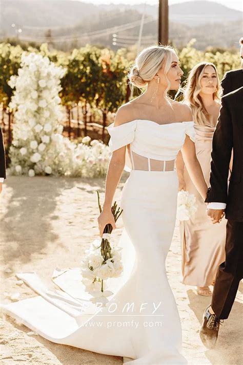 Modern Off Shoulder Fit And Flare Satin Bow Bridal Dress Promfy