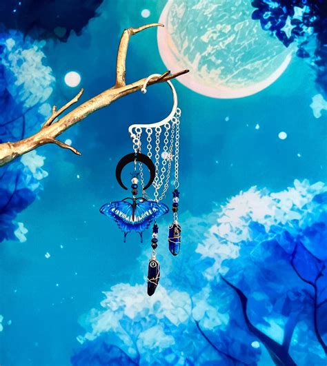 Blue Moon Moth Ear Cuff With Blue Quartz No Piercing Earrings Fantasy