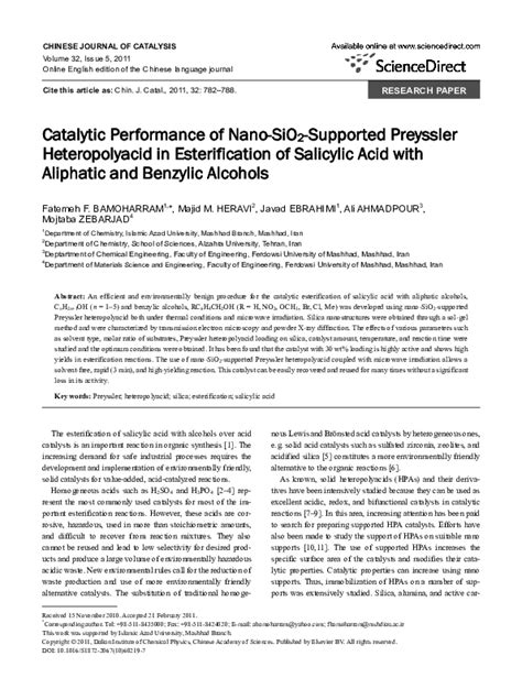 Pdf Catalytic Performance Of Nano Sio2 Supported Preyssler