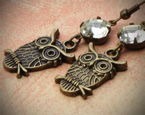 Vintage Rhinestone Earrings Owl Steampunk Antiqued Brass Crystal Jewelry By Rewelliott On