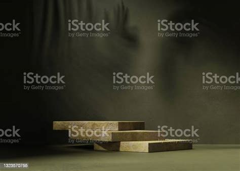 3d 배경 돌 연단 디스플레이 어두운 녹색에 야자 잎 그림자 화장품 미용 제품 프로모션 모의 자연 받침대 세트 트로피컬 미니멀 스튜디오 배너 추상 3d 렌더 일러스트레이션