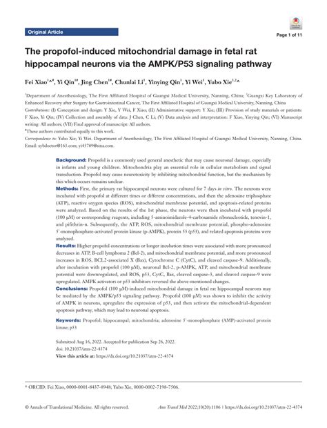 Pdf The Propofol Induced Mitochondrial Damage In Fetal Rat