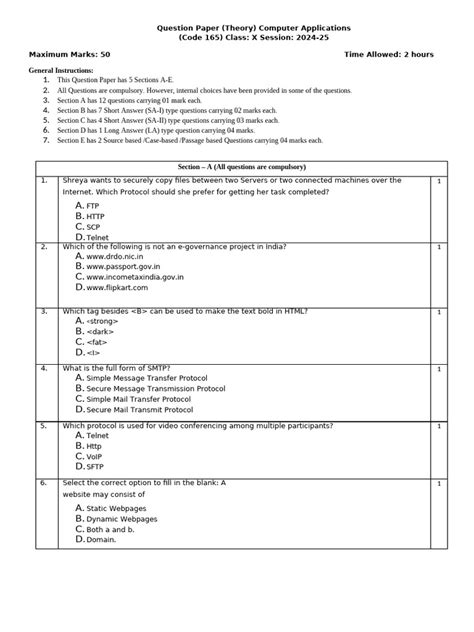 Class 10 Computer Applications Paper 2024 Pdf World Wide Web