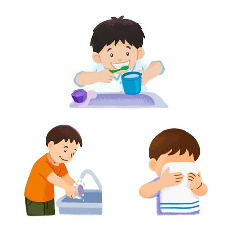 Higiene Personal Niños Niños Dibujados A Mano Vector Premium