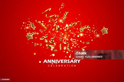 첫 번째 결혼 기념일 축 하입니다 반짝이 색종이 별 빛나 및 테이프 리본 골든 번호 1 벡터 축제 그림입니다 색 테이프에 대한 스톡 벡터 아트 및 기타 이미지 Istock