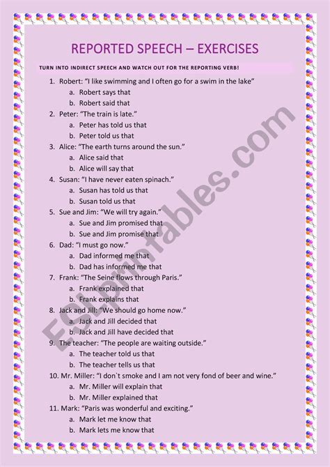Reported Speech Exercises ESL Worksheet By LadyT Reported Speech Exercises ESL Worksheet By LadyT