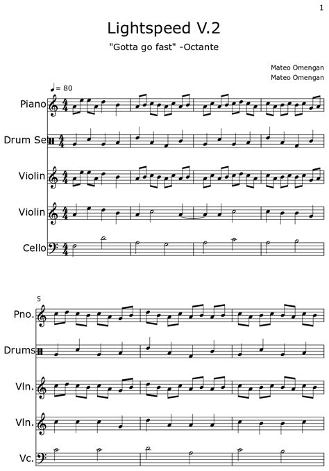 Lightspeed V2 Sheet Music For Piano Drum Set Violin Cello