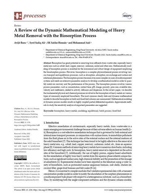 A Review Of The Dynamic Mathematical Modeling Of Heavy Metal Removal