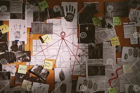 Detective Board With Fingerprints Photos Map And Clues Connected By Red String Stock Image