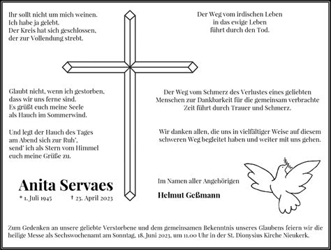 Alle Traueranzeigen Für Anita Servaes Trauer Rp Online De